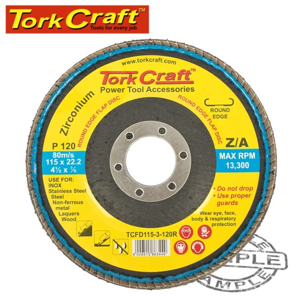 FLAP DISC ROUND EDGE ZIRCONIUM 115MM 120 GRIT FLAT - Fallons